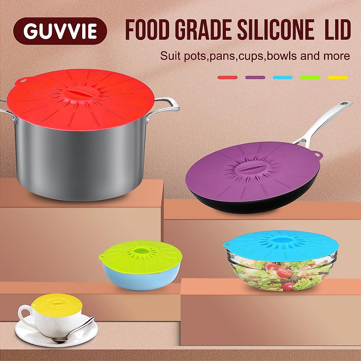 Guvvie Silicone lids - 5 Pack Heat Resistant Microwave Splatter Cover, Reusable silicone Suction lids for food storage Fits Bowls, Cups, Skillets, Plates, Pots, Pans StoveTop, Oven, Fridge Safe