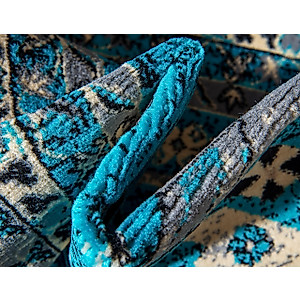 Unique Loom Taftan Collection Border Geometric Tribal Inspired Design Area Rug, 4 ft x 6 ft, Turquoise/Gray