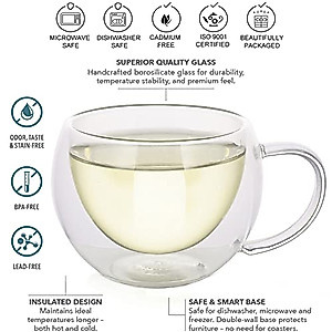 Teabloom Modern Classic Insulated Cups – 6 oz / 200 ml – Set of 4 Double Walled Glass Cups for Tea or Espresso