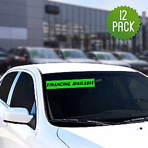 Versa Tags Windshield Slogan Stickers 12 Pack Each of ONE Owner, 3RD Row Seating, WE Finance, FINANCING Available, Warranty (60) Window Stickers Total Dealership Stickers Black On Green