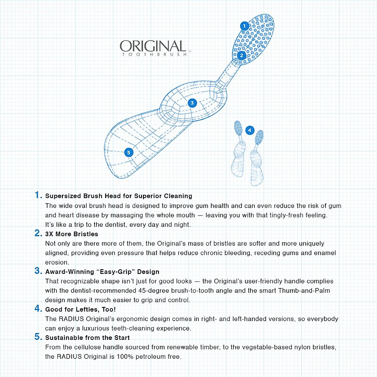 RADIUS - Original Left Hand Toothbrush, Soft Bristles, Designed to Improve Gum Health and Reduce the Risk of Gum Disease, Made with Sustainable Materials (Colors May Vary)