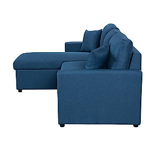 GLANZEND L-Shape Reversible Linen Sleeper Sectional Sofa with Storage Chaise, Corner Convertible Couch w/ 2 Throw Pillows for Living Room, Small Apartment, Dorm, Navy Blue, 57 Inch