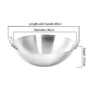 GXDHOME Thickened Food Grade Non-Magnetic 201 Double-Ear Stainless Steel Wok with High Lid 43/47cm Chinese Style Round Bottom Smokeless Pot for Gas Stove(Bright Silver)