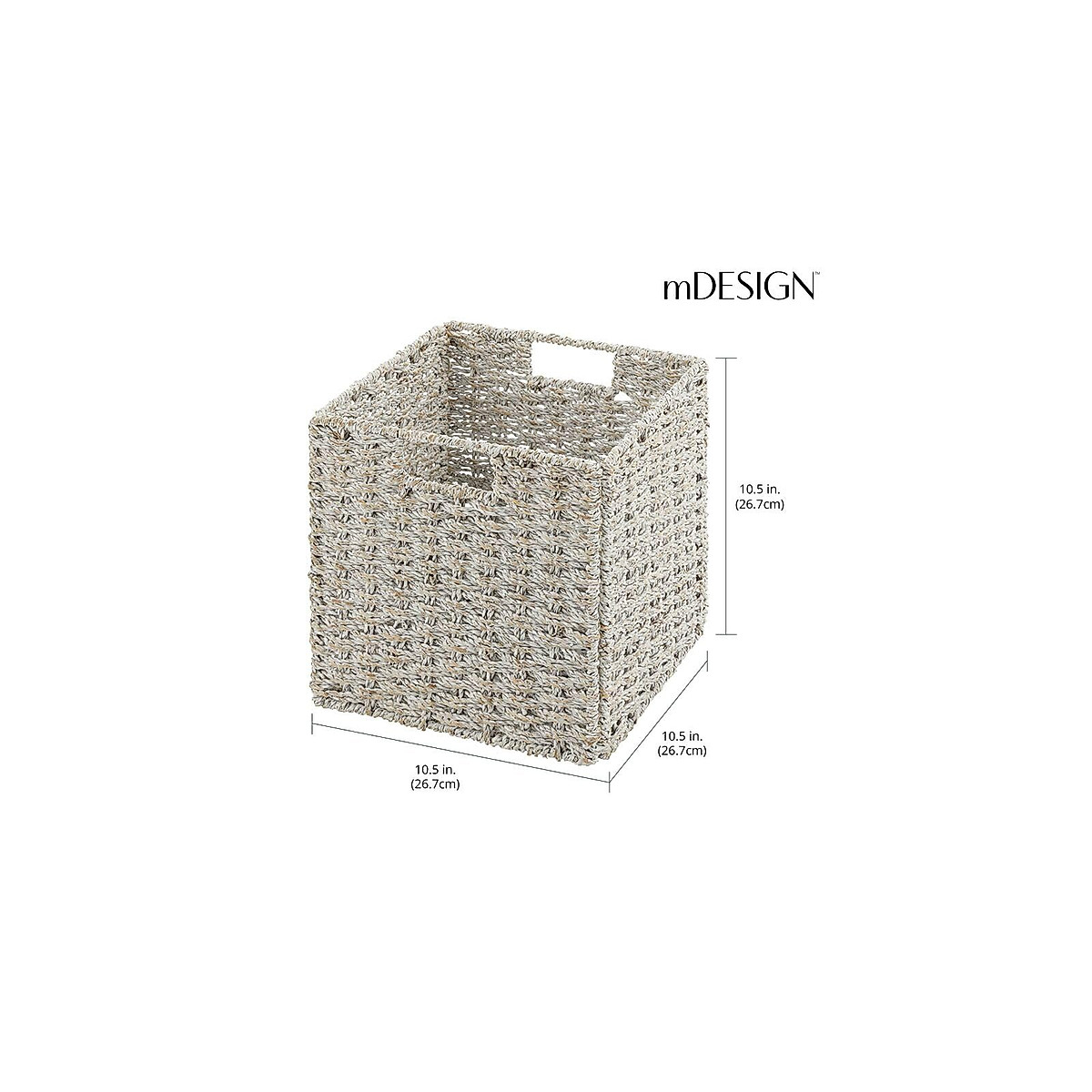 mDesign Seagrass Woven Cube Basket Organizer with Handles - Storage for Kitchen Cabinet or Pantry Shelf - Perfect for Cubby Storage Units - Holds Snacks or Small Appliances - 4 Pack - White Wash