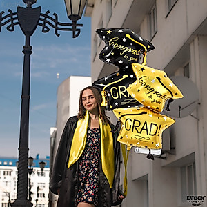 KatchOn, Black and Gold Graduation Hat Balloon - Big, 32 Inch, Pack of 4 | Congrats Grad Balloons | Graduation Balloons Class of 2024, Graduation Cap Balloon | Graduation Decorations Class of 2024