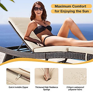 Vicluke Patio Chaise Lounge Chair, Outdoor Rattan Wicker Reclining Chaise with Adjustable Backrest and Removable Cushion, Pool Lounge Chair Sun Lounger for Poolside, Balcony, Garden (1 Piece, Khaki)
