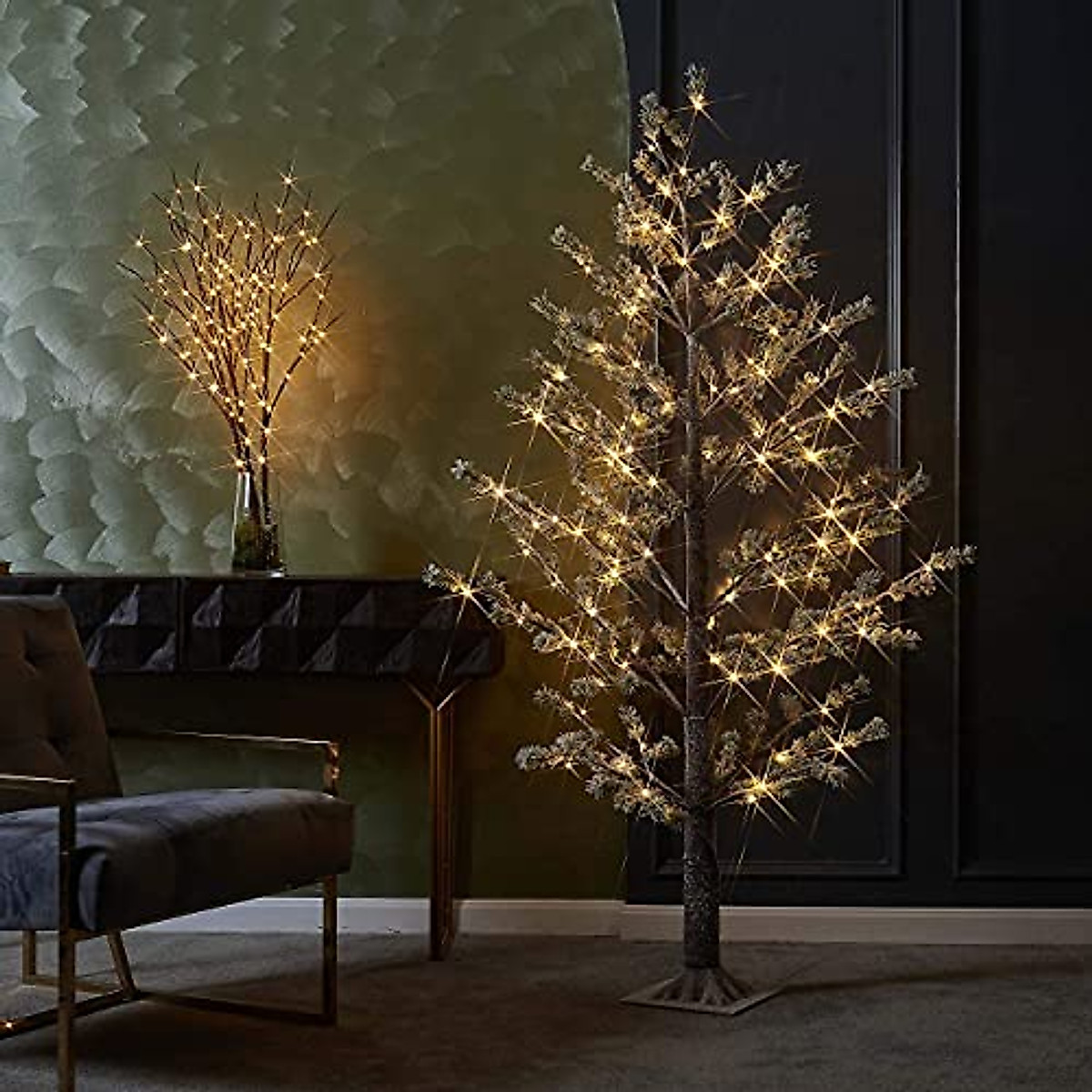 LITBLOOM Lighted Brown Willow Branches with Timer and Dimmer 2 Sets Tree Branch with Warm White Lights for Holiday and Party Decoration 32IN 150 LED Waterproof Plug in
