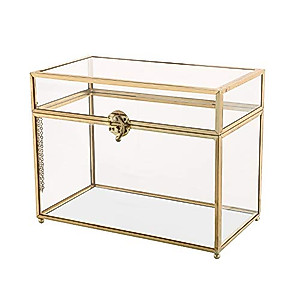 NATGAI Glass Card Box Large Geometric Terrarium Gold Handmade Brass Vintage Rectangle Shape with Foot (10 x 5.6 x 7.7 inches)
