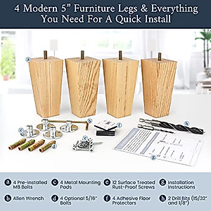 Premium Square Ash Wood Furniture Legs - Furniture Feet for Sofa, Chair, Couch, Dresser, Bed, Cabinet, Ottoman - Wooden Legs are Easy to Install & Include Installation Hardware - Set of 4, 5 Inches