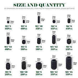 Keadic 450Pcs Internal Hex Drive Cup-Point Screws Assortment Kit, 15 Sizes Alloy Steel Hex Socket Set Cap Point Grub Screws, Socket Head Cap Screws Grub Screws, Metric, Black (M3 M4 M5 M6 M8)