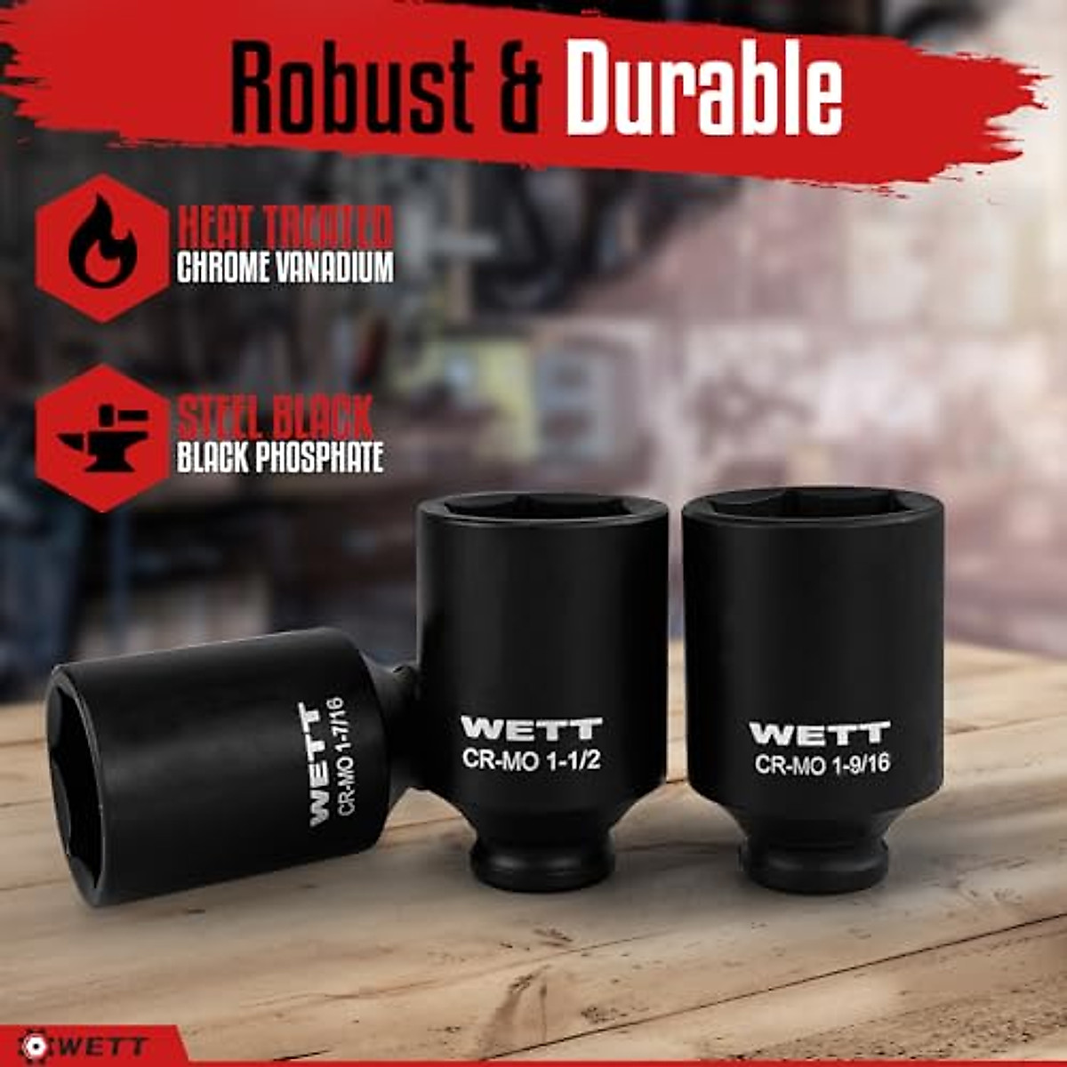 WETT 1/2" Drive Deep Impact Socket Set, 7-Piece Spindle Axle Nut 6 Point SAE Sockets Set, CR-MO, 1-3/8-Inch-1-3/4-Inch