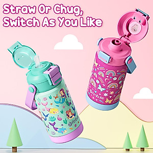 Kids Water Bottle with Straw & Chug(2-in-1 Lid), 14oz Kids Insulated 18/8 Stainless Steel Water Bottle for School Girls Boys Toddler Water Bottle Leak Proof & Spill Proof Kids Cups (1, B1.Pink)