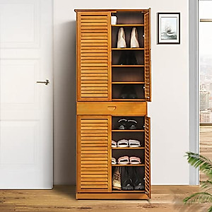 MoNiBloom Tall Shoe Storage Cabinet with 2 Double Shutter Doors & 1 Drawer, Bamboo Free Standing Shoes Shelf Stand for 26-30 Pairs Entryway Hallway Bedroom, Brown