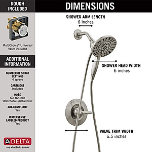 Delta Faucet Arvo 14 Series Single-Handle Shower Faucet, Shower Trim Kit with 4-Spray In2ition 2-in-1 Dual Hand Held Shower Head with Hose, SpotShield Stainless 142840-SP-I (Valve Included)