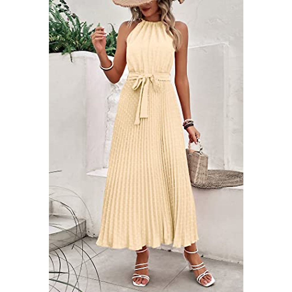 PRETTYGARDEN Women's Midi Summer Dresses Casual Halter Neck Swiss Dot Ruffle Sleeveless A Line Beach Sun Dress (Z_Apricot,Large)