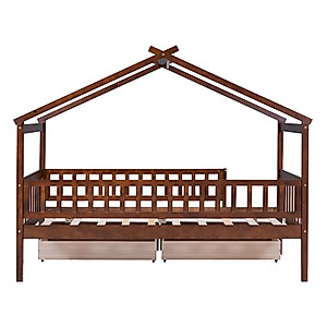 Harper & Bright Designs Twin Size House Bed for Kids, Wooden Twin Bed Frame with 2 Storage Drawers, Twin Montessori Bed with Roof & Rails Design for Girls Boys, Walnut