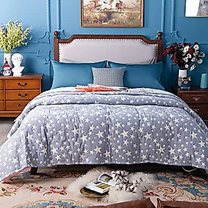 NTBAY 3 Layers Cotton Muslin 68x92 Twin Bed Blanket, Super Soft Breathable Thermal Yarn Dyed Quilt for Adults, Perfect Lightweight Blanket for Couch Sofa Bed All Seasons, Blue Stars