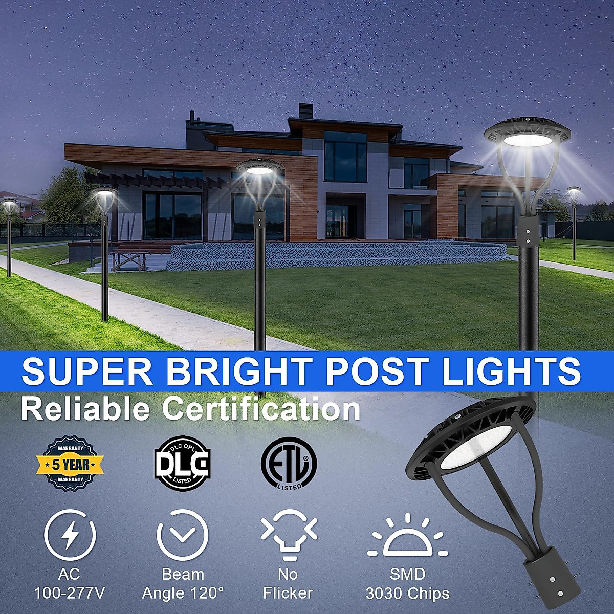 LED Post Top Light with Dusk to Dawn Photocell,80W/100W/120W/150W Power Tunable,3CCT 3000K-4000K-5000K,LED Circular Pole Light Outdoor Post Light,for Garden Street Lighting,IP65 DLC&ETL Listed-2Pack