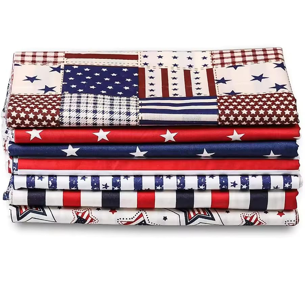 AMORNPHAN 7pcs 4th of July Cotton Fabric Squares Patriotic American Flag Strips Decoration Print Quilting Bundles Fat Quarters for DIY Craft Sewing Patchwork Needlework 16x20 Inches