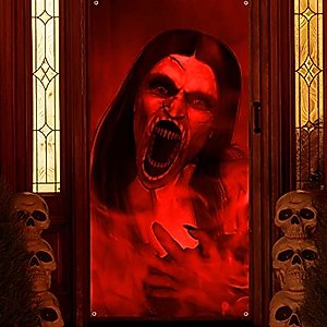 Vlipoeasn Halloween Door Decorations, Red Halloween Window and Door Cover Banner Welcome Sign, Halloween Front Door Scary Backdrop, Halloween Party Supplies, Halloween Porch Decorations for Indoor/Outdoor
