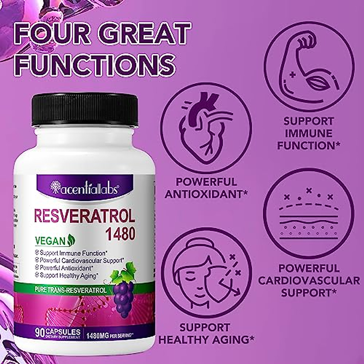 Resveratrol 1,480MG with Quercetin 90 Capsules - Vegan Trans-Resveratrol Antioxidants for Healthy Aging, Immune System, Cardiovascular & Joint Support - Improving Fatigue, Memory and Brain Function