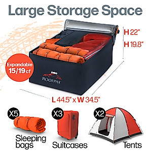 RoofPax Expandable 15/19 cft. Car Rooftop Cargo Carrier Bag Waterproof Storage Including Double Zippers Integrated Mat 10 Heavy-Duty Tie-Down Straps fit Cars with/Without Roof Top Rack or Side Rails
