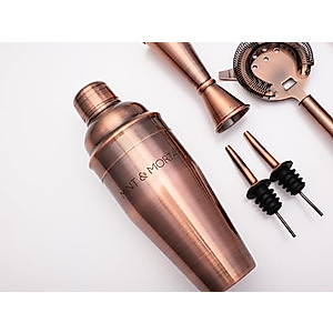 Mint & Mortar Cocktail Shaker Set, 7-Piece Bartender Kit with Stand, 24oz Martini Shaker Bottle Stainless Steel Bar Tools, Home Bar Accessories Drink Mixer, Barware Gift Set - Brushed Copper