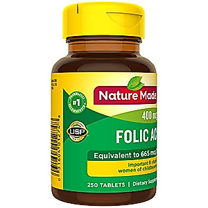 Nature Made Folic Acid 400 mcg (665 mcg DFE), Dietary Supplement for Nervous System Function, 250 Tablets, 250 Day Supply