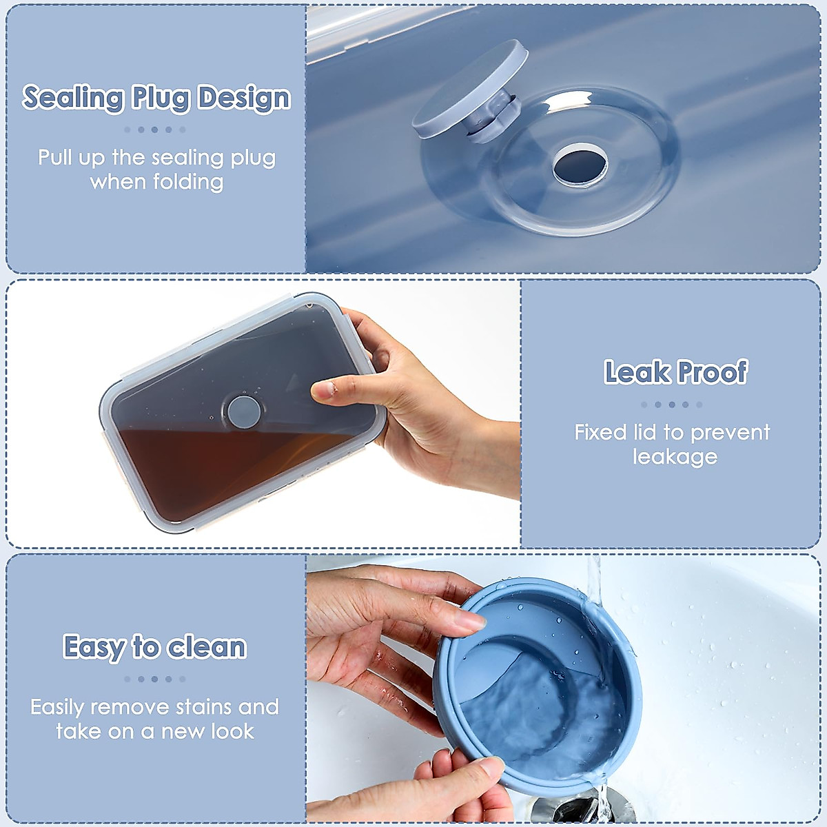 Nuanchu 8 Pcs Collapsible Food Storage Containers Silicone Airtight Collapsible Bowls with Lids Rectangular and Round Stackable Microwave Lunch Containers, Freezer, Dishwasher Safe (Blue, Pink, Green)