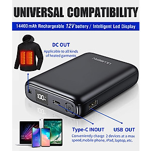ULUSERN Rechargeable Battery/Power Bank 12v 14400mAh for Heated Jackets, Heated Hoodies and Heated Vests,DC Port Diameter : 4mm