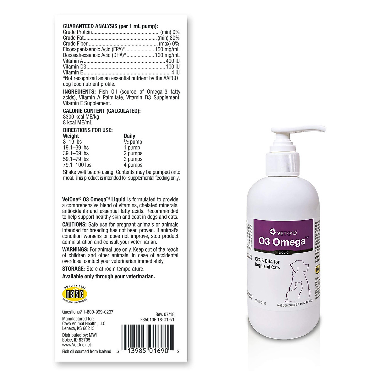 Omega 3 Fish Oil Liquid - Nutritional Fatty Acids EPA & DHA, Omega 3 for Dogs & Cats, Builds Immune & Joint Health, Skin and Coat Supplement for Dogs, Cat Vitamins, 8 oz Omega 3 Liquid - VetOne