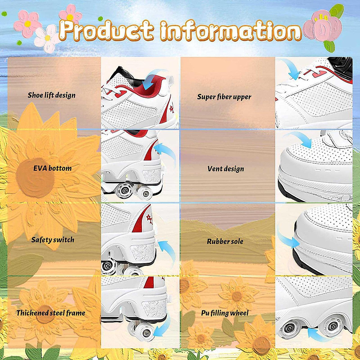 Retractable Roller Skates, Unisex Detachable 2 in 1 Roller Skates, Double Row Deformation Sneakers, Multifunction Outdoor Kick Roller Shoes, Invisible Pulley Shoes, Casual Sneakers White Red