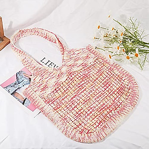 Womens Crocheted Tote Bag Aesthetic Knitted Shoulder Handbag Purse Cute Hobo Bag Boho Shopping Bag(Red Tie Dye)
