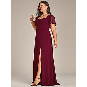 Ever-Pretty Plus Women's Curve Elastic Back Sweetheart High Slit A-Line Maxi Semi Formal Dresses with Sleeves Burgundy US18