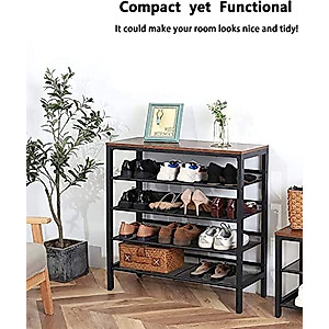 MIERES 5-Tier Shoe Rack, Industrial Shoe Storage Organizer with 4 Metal Mesh Shelves, Sturdy and Easy Assembly, Perfect for Entryway/Hallway/Closet/Bedroom, Rustic Brown, 29.5”l x11.8 ”w x 33.5”h