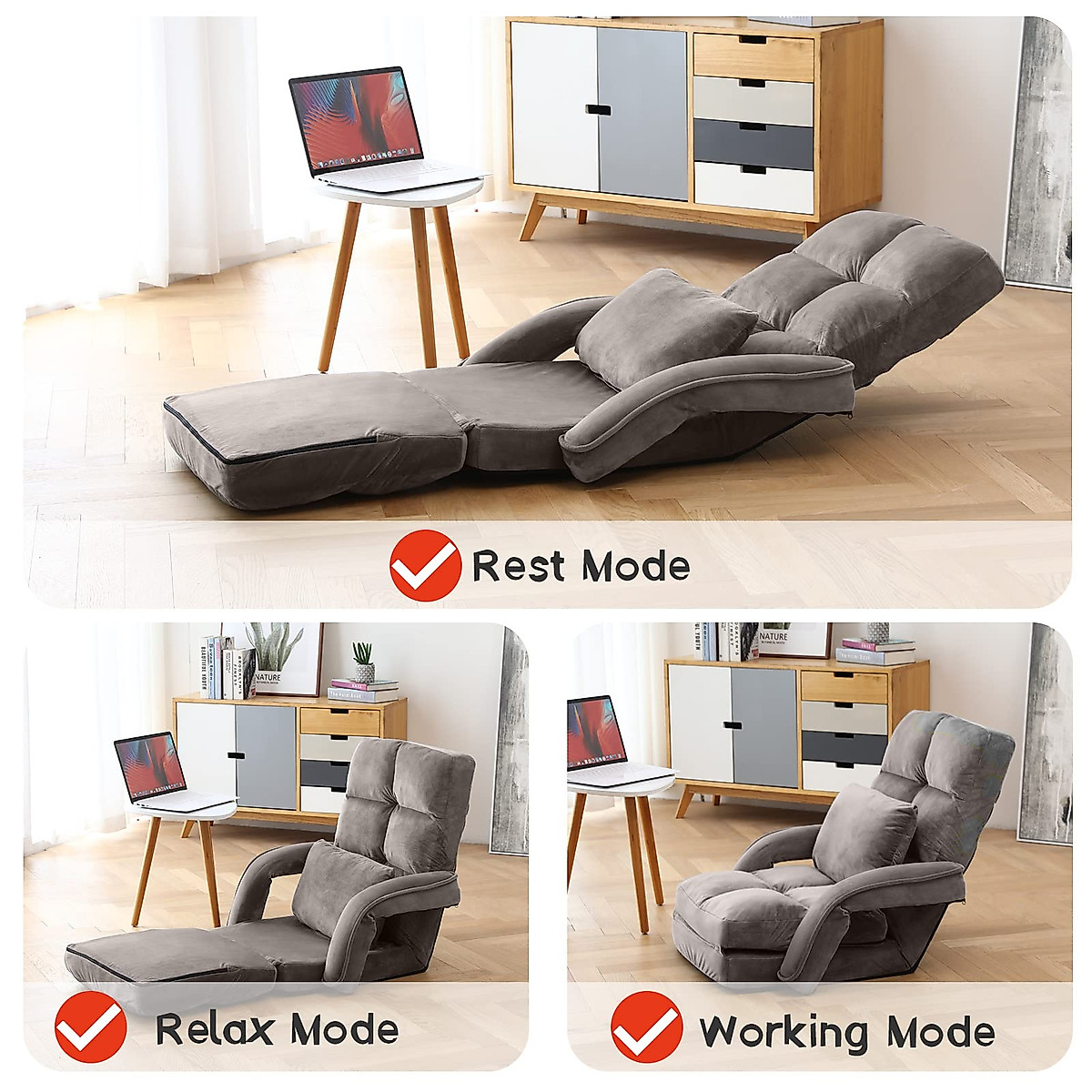 FLOGUOR Indoor Chaise Lounge Sofa Floor Chair with Back Support for Adults Folding Lazy Sofa with Armrests and Pillow Gaming Chairs 8808CO