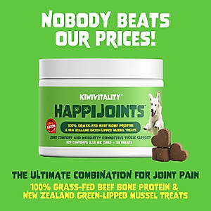 KiwiVitality HappiJoints Hip and Joint Supplement Treats for Dogs, Cats • 100% Grass-Fed Beef Bone Collagen New Zealand Green-Lipped Mussels • 100 Treats