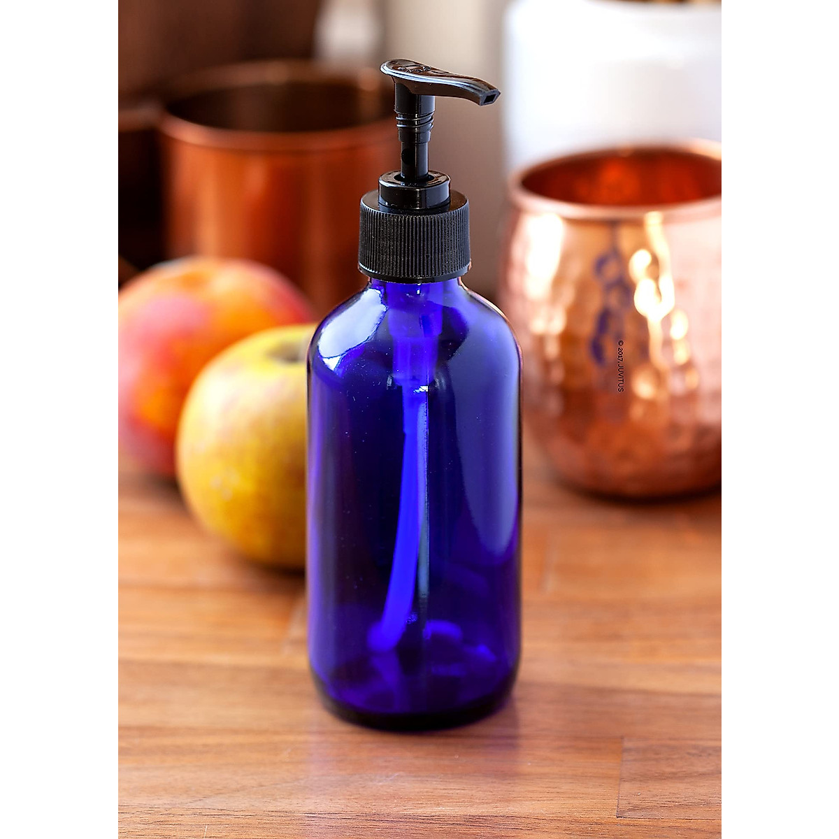 8 oz Cobalt Blue Boston Round Glass Bottles (2 Pack) with Two Closures: Black Lotion Pump and Phenolic Caps