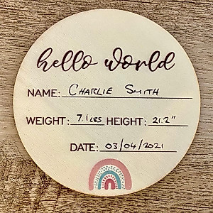 Birth Announcement Sign - Hello World Newborn Sign - Celebrate The Arrival of Your Baby with This Baby Annoucement Sign - Record Birth Details on This Round Wooden Disc - Baby Name Announcement Sign