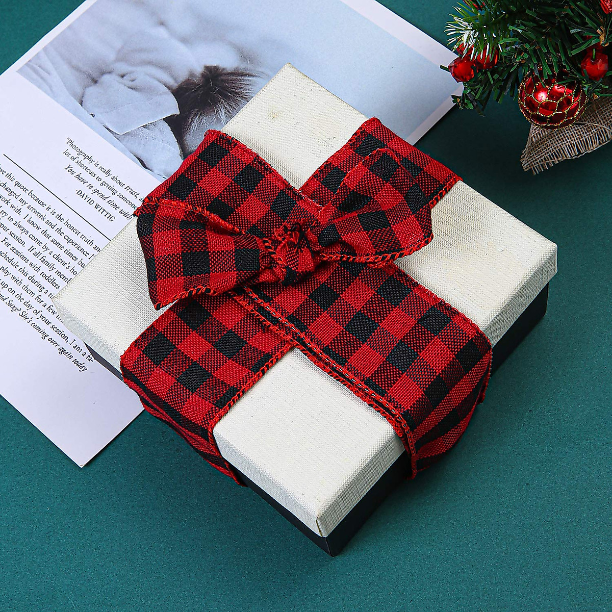 URATOT 2 Rolls Red and Black Plaid Burlap Ribbon Wired Ribbon Christmas Wrapping Ribbon for Christmas Crafts Decoration, Floral Bows Craft, 472 by 1.9 Inches