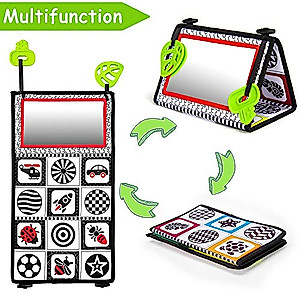 teytoy Tummy Time Baby Mirror Toys with Teethers, Double Black and White Tummy Time Toy High Contrast Baby Toys 0-6 Months, Foldable Baby Floor Mirror Sensory Development Toys for Infants Newborn