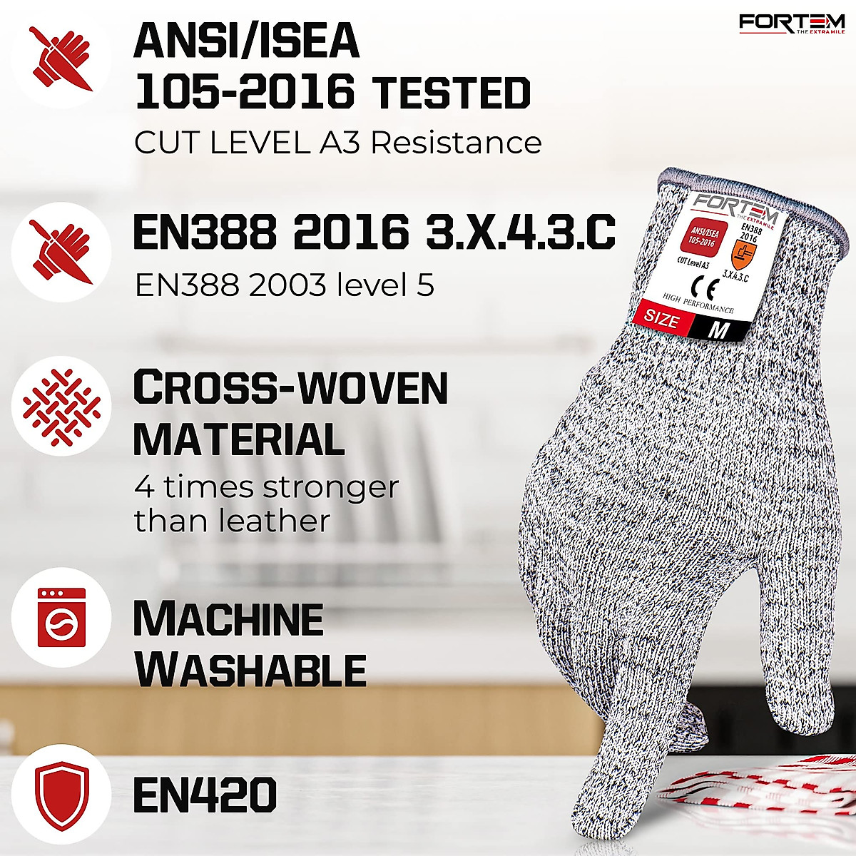 FORTEM Cut Resistant Gloves, 4 Gloves, Level 5 Protection Cutting Gloves For Oyster Shucking, Kitchen Work Gloves for Chefs, Food Grade, EN388 Certified (Medium)