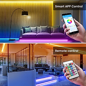 50ft Bluetooth LED Strip Lights, SMD5050 Music Sync LED Lights Strip，RGB Color Changing LED Lights with Remote, Smart Phone APP Control, LED Lights for Bedroom, TV, Room DIY (APP+Remote +Mic/50ftx1)