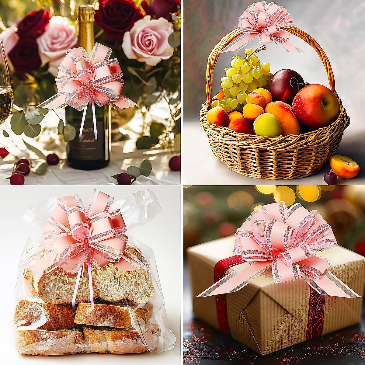 Gjinxi 6 PCS Large Pull Bows Gift Wrap Pull Bows 6 Inches Wedding Ribbon Bows Chiffon Pink Flower Boxes Decoration Bouquets Present Supplies Fit Hairstyle Crafts DIY Christmas Party Birthday Wedding