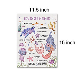 OEWD Nursery How to Be A Mermaid Canvas Wall Art Poster Print, Baby Girl Mermaid Painting Ready to Hang Girl Kids Nursery Bedroom Playroom Decor Gift (11.5" x 15")