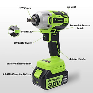 Yougfin 20V Brushless Cordless Impact Wrench, 1/2" Impact Gun Kit, Max 400N.M High Torque Electric Impact Driver Set with 4.0Ah Li-ion Battery & Fast Charger, 7 Sockets (3000 RPM)