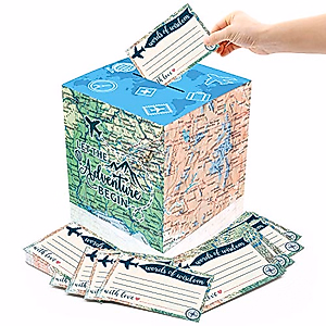 51PCS Adventure Card Box Holder and Advice Cards for Adventure Awaits Bon Voyage Farewell Travel Themed Birthday Graduation Retirement Job Career Change Party Decorations Supplies