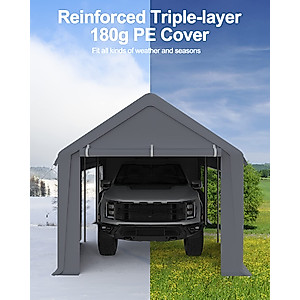 DEXSO Carport 13'x20' Portable Garage, Heavy Duty Carport Canopy, Reinforced Steel Poles, 4 Roll-up Doors & 4 Windows, for Pickup, Boat, and Equipment, Gray