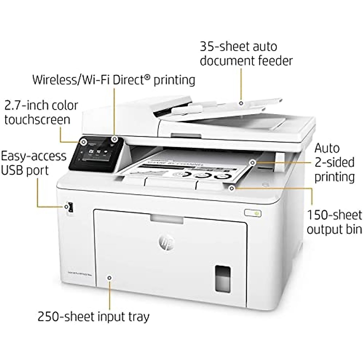 HP Laserjet Pro MFP M227fdw All-in-One Wireless Laser Printer, Print Scan Copy Fax, Auto 2-Sided Printing, 1200 x 1200 dpi, 30 ppm, Compatible with Alexa, Bundle with JAWFOAL Printer Cable