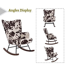 EALSON Nursery Rocking Chair Fabric Upholstered Rocker Chair Tufted Wingback Accent Chair with Wooden Base Modern Comfy Lounge Armchair for Bedroom Living Room, Cow